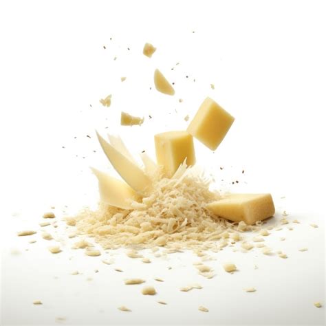 Premium Ai Image Parmesan Cheese Flying In Different Directions With Crumbs On A White