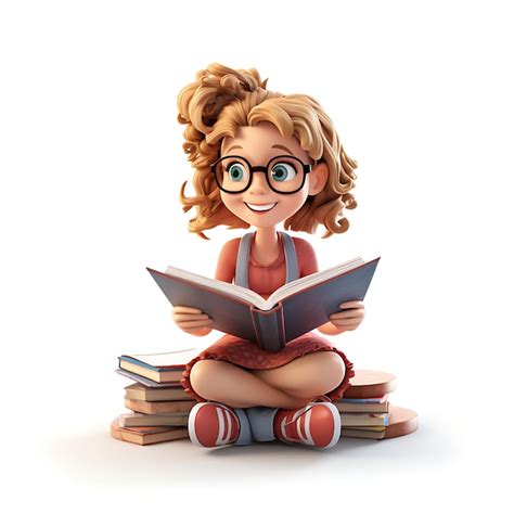 3d мультфильм ребенок читает книгу на белом фоне Премиум Фото