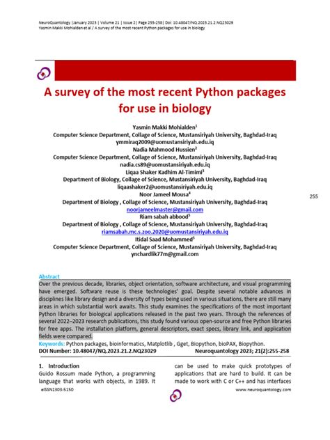 A Survey Of The Most Recent Python Packages For Use In Biology Pdf Bioinformatics Protein