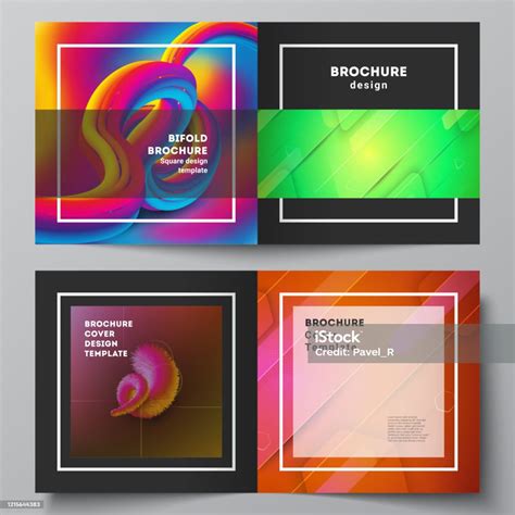 사각형 디자인 Bifold 브로셔 잡지 전단지 소책자를위한 두 개의 표지 템플릿의 벡터 일러스트 레이아웃 미래 기술 디자인 유체 그라데이션 모양 조성다채로운 배경 0명에
