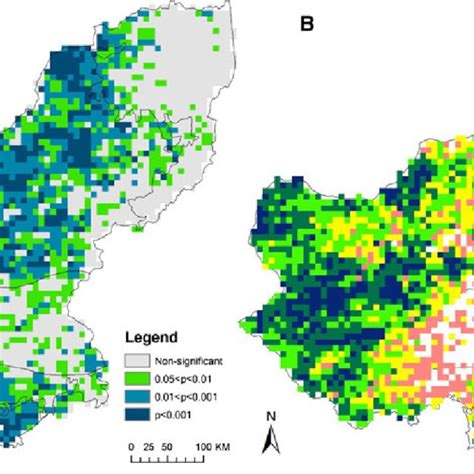 the spatial pattern of the p values a and r 2 values b of