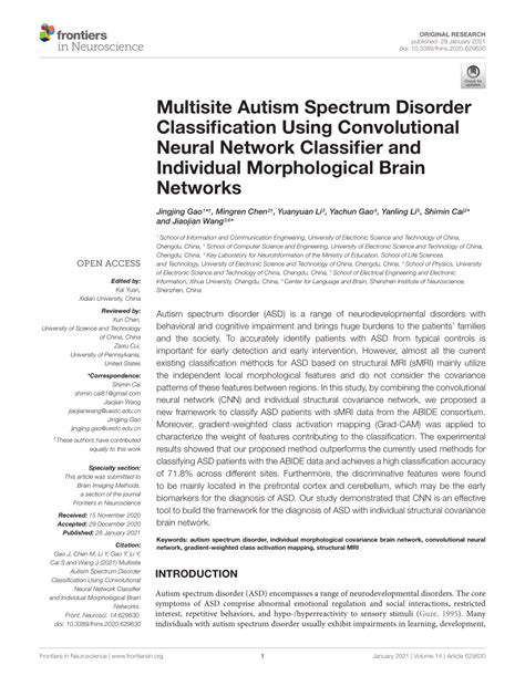 Pdf Multisite Autism Spectrum Disorder Classification Using