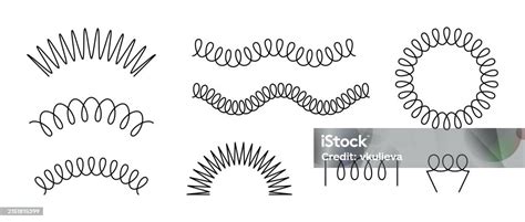 나선형 스프링 세트 블랙 와이어 코일 스프링 컬렉션 얇은 와이어 프레임 지그재그 라인 금속 파도 유연한 코일 및 아치 요소 팩 그래픽 디자인 템플릿 장식 테두리 벡터 프레임