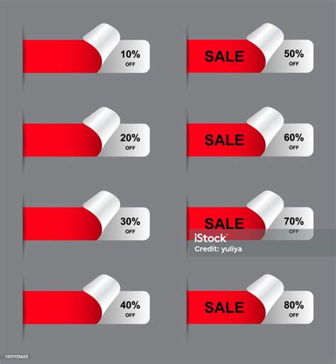판매 스티커 태그 및 라벨 컷 효과 및 백분율 할인 말린 모서리가 있는 빨간 스티커 3차원 형태에 대한 스톡 벡터 아트 및 기타 이미지 3차원 형태 가격표 개념