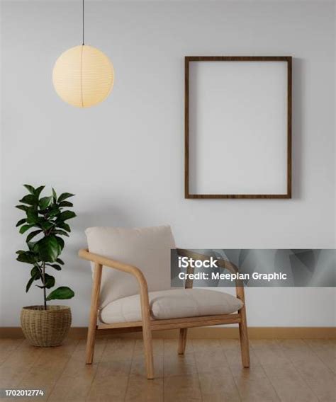 텅 빈 흰 벽 배경에 안락의자가 있고 흰 벽에 빈 액자 모형이 있는 현대적인 미니멀리스트 인테리어 3d 렌더링 그림 3차원 형태에 대한 스톡 사진 및 기타 이미지 Istock