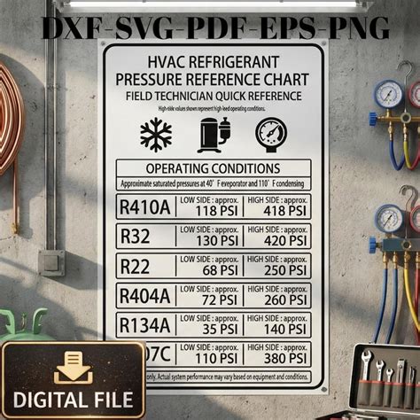 Hvac Refrigerant Pressure Chart Technician Reference Poster Digital