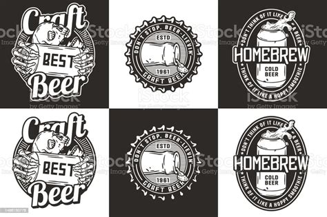 맥주 캡 캔 홉 스켈레톤 및 병이 있는 양조 엠블럼 또는 수제 맥주 로고의 맥주 세트 두개골 맥주 유리 및 바 펍 또는 양조장 상점을 위한 보리가 있는 라벨 또는 인쇄