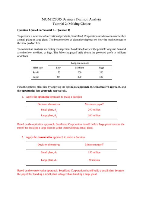 Bda Tutorial 2 Solutions Mgmt20005 Business Decision Analysis Tutorial 2 Making Choice