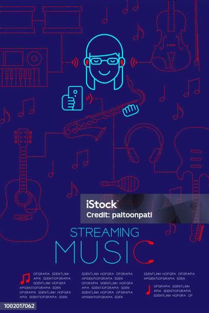 무선 이어폰으로 여성 스마트폰 스트리밍 음악 개념 잡지 페이지 레이아웃 디자인 그림 복사 공간와 어두운 파란색 배경에 고립 된 연결 헤드폰에 대한 스톡 벡터 아트 및 기타