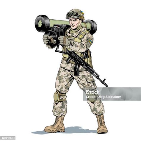 우크라이나 군인 대전차 미사일 운영자는 돌격 소총이 서 조준위장 벡터 그림입니다 미사일에 대한 스톡 벡터 아트 및 기타 이미지 미사일 벡터 특수 부대 Istock