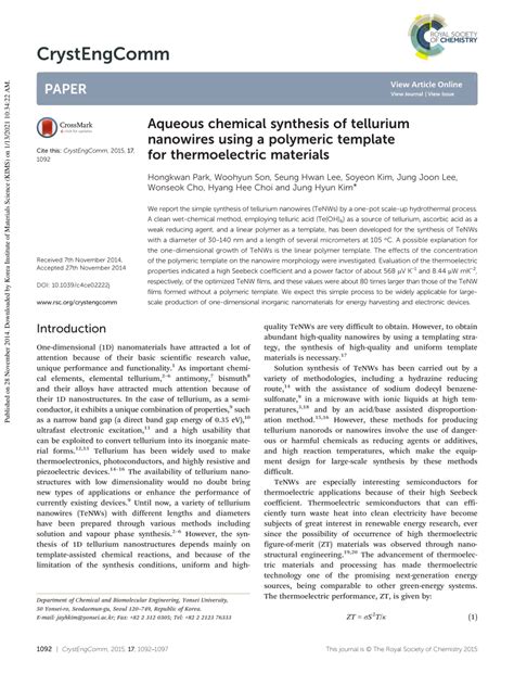 Pdf Aqueous Chemical Synthesis Of Tellurium Nanowires Using A Polymeric Template For