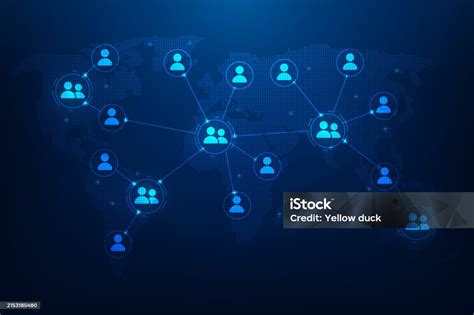소셜 네트워크 연결 및 통신 사람들 아이콘 통하고 파란색 어두운 배경 지도에 글로벌 인터넷 기술 인적 자원 디지털 벡터 일러스트 레이 션 디지털 환상적인 디자인입니다 개념에