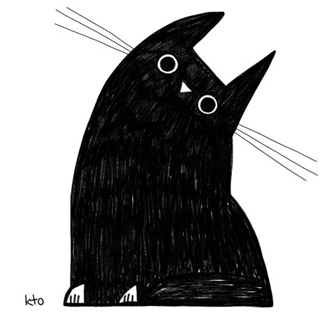Curious Black Cat Illustration Cat Drawing Black And White Etsy