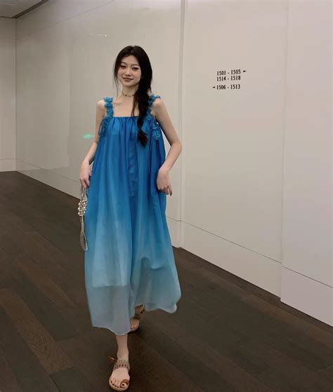 여름 블루 핑크 그라데이션 루즈핏 쉬폰 레이스 해변 바캉스 민소매 나시 롱 원피스