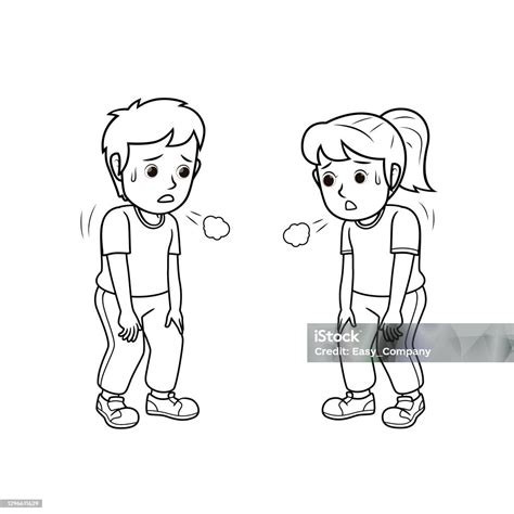 소년과 소녀의 부부는 달리기에서 피곤 색칠 페이지전용 흑백 감정을 표현하는 세트로 교재를 작성하는 데 사용됩니다 졸도에 대한 스톡 벡터 아트 및 기타 이미지 Istock