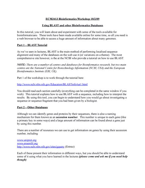 Bioworkshop 1 Ecm3413 Bioinformatics Workshop 18 2 Using Blast And