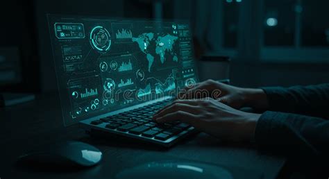 Hacker Typing On Laptop With Futuristic Data Overlay Cybersecurity Digital Crime Data Breach