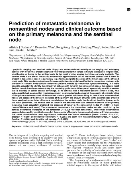 Pdf Prediction Of Metastatic Melanoma In Nonsentinel Nodes And