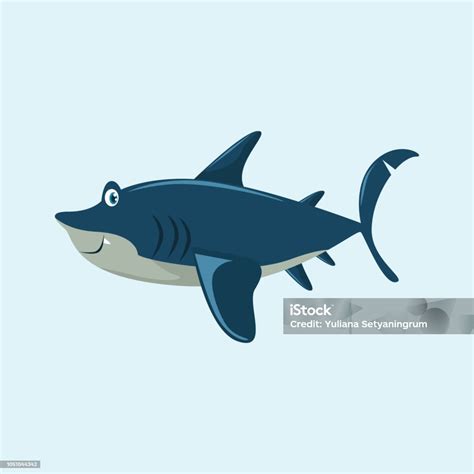 Bedårande Och Glada Leende Blue Shark Tecknad Figur Vektorgrafik Och Fler Bilder På Akvatisk