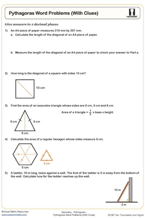 Year 11 Worksheet Pythagoras Word Problems With Clues