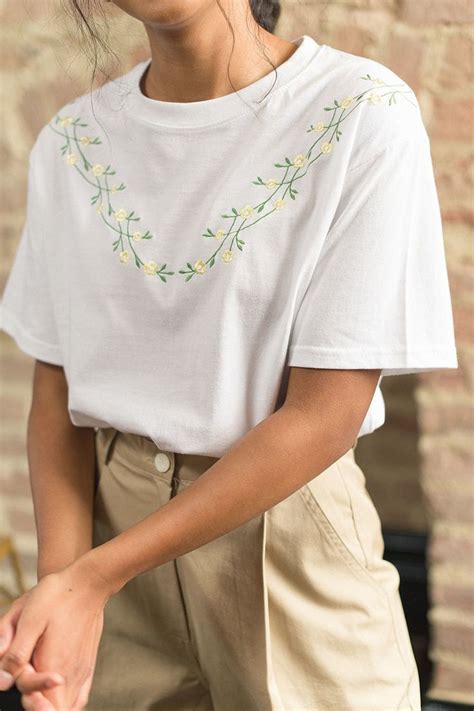 Freesia Vine Embroidery Tee Ivory Embroidered Tee Shirt Embroidered