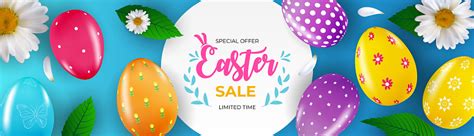 부활절 세일 포스터 템플릿3d 사실적인 부활절 달걀과 페인트 광고 포스터 전단지 인사말 카드에 대한 템플릿 벡터 일러스트 레이션 Eps10 개념에 대한 스톡 벡터 아트 및