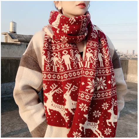 圣诞节围巾女冬季韩版百搭学生加厚情侣款针织麋鹿男生日礼物礼盒 虎窝淘