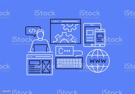 웹 개발 관련 라인 배너 디자인 개발자 코딩 Landpage Seo 네트워크 서버 인터넷에 대한 스톡 벡터 아트 및 기타 이미지 Istock