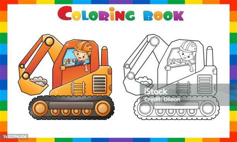 색칠 페이지 개요 만화 크롤러 굴삭기의 작업자와 함께 건설 차량 아이들을위한 색칠 공부 책 건설 기계류에 대한 스톡 벡터 아트 및 기타 이미지 Istock