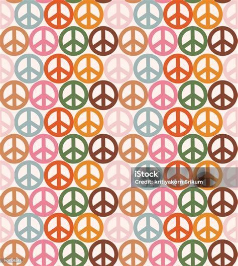 Retro 1970 Groovy Peace Sign Seamless Pattern Handdrawn Vector Illustration Seventies Style