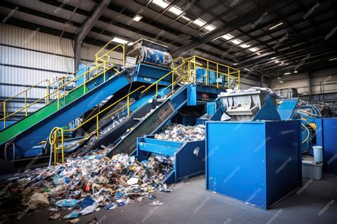 공장 내 쓰레기로 가득 찬 컨베이어 벨트 쓰레기 및 생활 쓰레기 처리 및 분류 공장 폐기물 처리 및 재활용 생태 자원의 2차 이용 프리미엄 사진