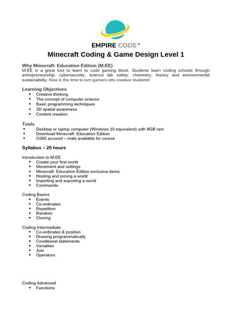 Empire Code Minecraft Coding And Game Design Level 1 Framework Pdf