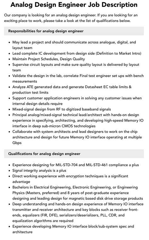 Analog Design Engineer Job Description Velvet Jobs