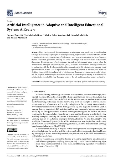 Pdf Artificial Intelligence In Adaptive And Intelligent Educational System A Review