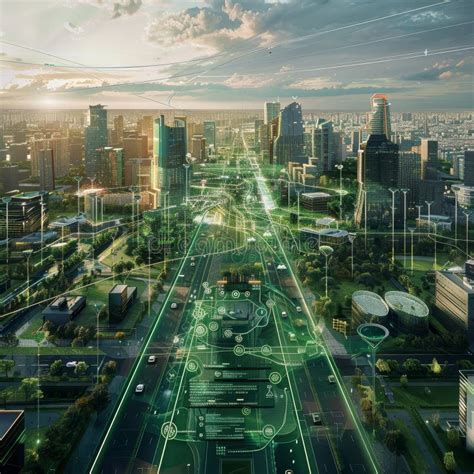 Aerial View Of City With Green Lines An Intelligent Control Hub Leveraging Data Driven