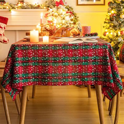 Aqothes Red Green Plaid Snowflake Christmas Tablecloth