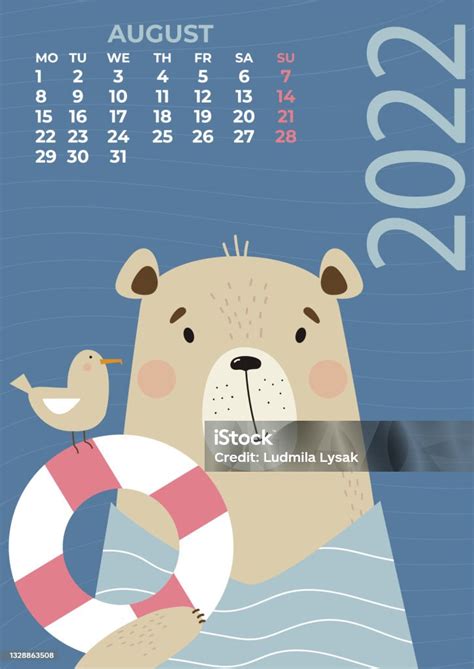곰 달력 2022년 8월 갈매기와 구명 부표를 가진 귀여운 곰 관광객 벡터 그림입니다 세로 템플릿입니다 월요일부터 영어로 일주일
