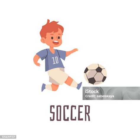 Wesoły Chłopiec Dziecko Piłkarz Animowany Płaski Wektor Ilustracji Izolowane Stockowe Grafiki