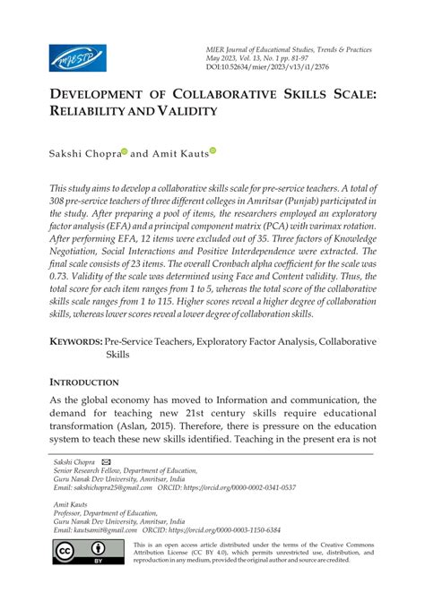 Pdf Development Of Collaborative Skills Scale Reliability And Validity