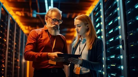 Premium Photo Female System Administrator And Male It Specialist Talk Use Laptop In Cloud
