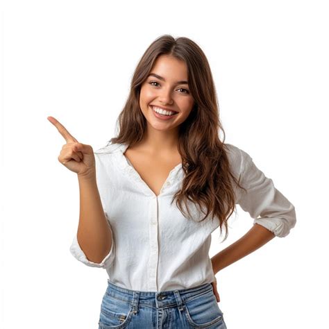 A Beautiful Girl Smiled And Pointed Her Finger At The Top Left Corner
