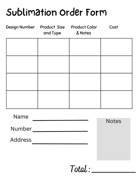 Simple Sublimation Order Form Printable Etsy