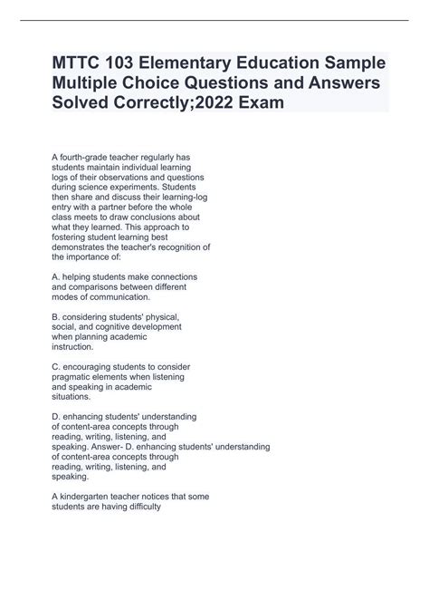 Mttc 103 Elementary Education Sample Multiple Choice Questions And