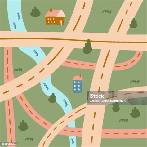손으로 그린 귀여운 도시 지도 포스터 아기 마을은 평평한 만화 집 도로 고속도로 및 나무로 구성되어 있습니다 0명에 대한 스톡 벡터 아트 및 기타 이미지 Istock