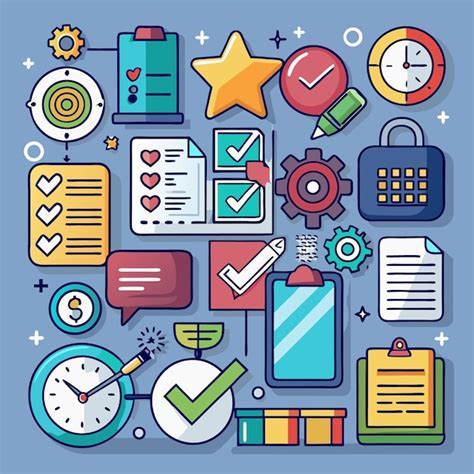 Colorful Flat Design Icons For Business Management And Workflow With Checklist Target Star Clock