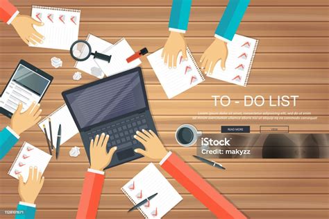 할 개념을 나열 합니다 사무실 책상 장비와 빨간색 표시와 논문의 많은 작동 합니다 평면 벡터 일러스트 레이 션 개념에 대한 스톡 벡터 아트 및 기타 이미지 Istock