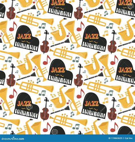 Jazz Musical Instruments Dress Fabric Pattern Vector Illustration