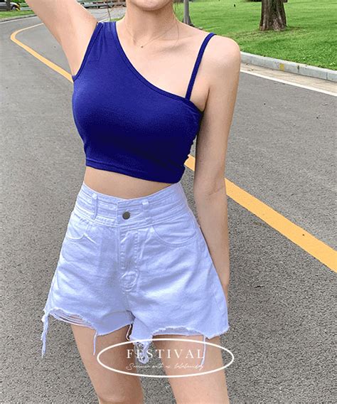 기획 팬시 무지 언발 하프 크롭 사선 나시 탑 티셔츠 에이블리