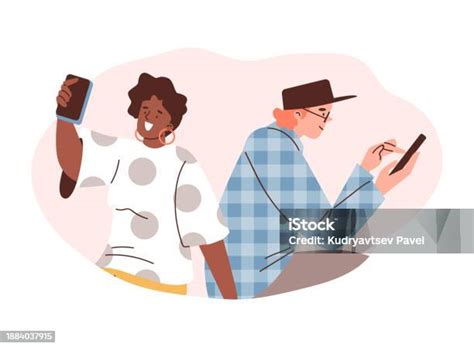 모바일 장치에서 온라인 쇼핑 앉아서 서핑하는 사람들 스마트 폰 채팅 및 쇼핑 플랫 벡터 휴대전화에 대한 스톡 벡터 아트 및 기타 이미지 Istock