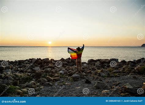 Hombre Desnudo Ondeando Una Bandera De Lgtbi Parado En La Playa Al Atardecer Imagen De Archivo
